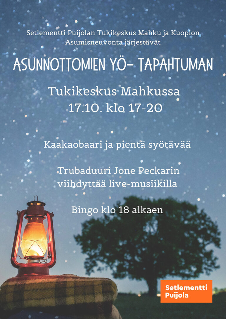 Asunnottomien yö -tapahtuma 17. lokakuuta - Kuopio