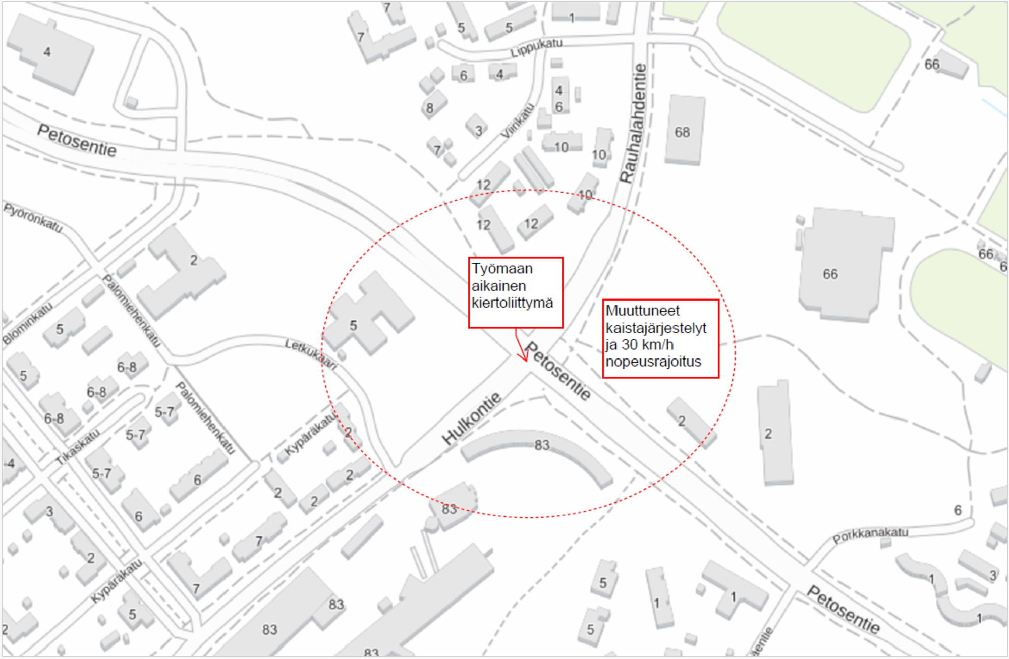 Petosentien, Rauhalahdentien ja Hulkontien risteyksen liikennevalojen ...
